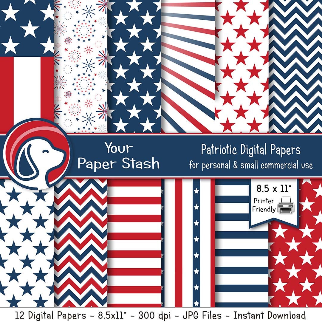 Patriotic Digital Papers, Red White Blue Stars & Stripes Scrapbook ...