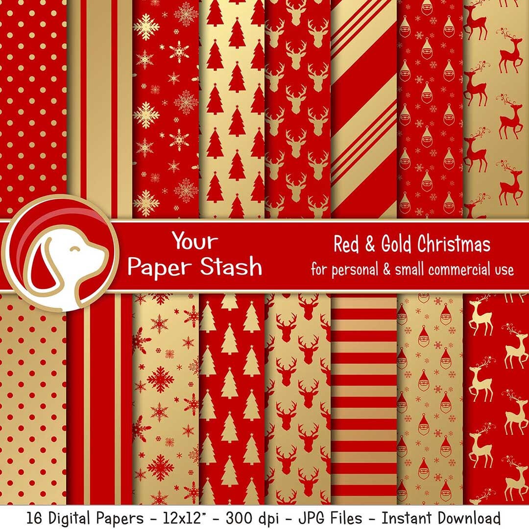 Red & Gold Christmas Digital Scrapbook Paper With Traditional Holiday ...