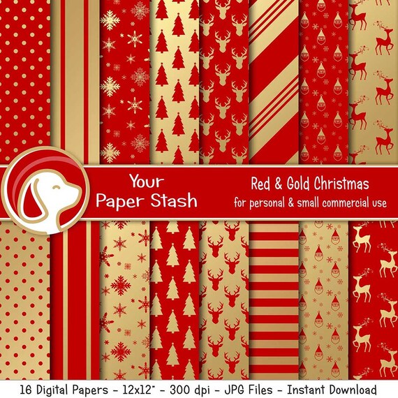 Red & Gold Christmas Digital Scrapbook Paper With Traditional - Etsy