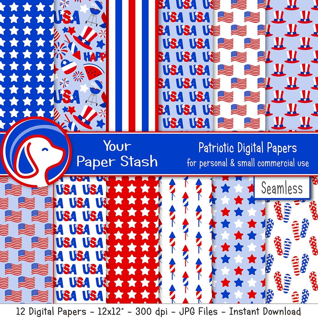 Patriotic Digital Scrapbook Paper Backgrounds, Red White Blue Stars and ...