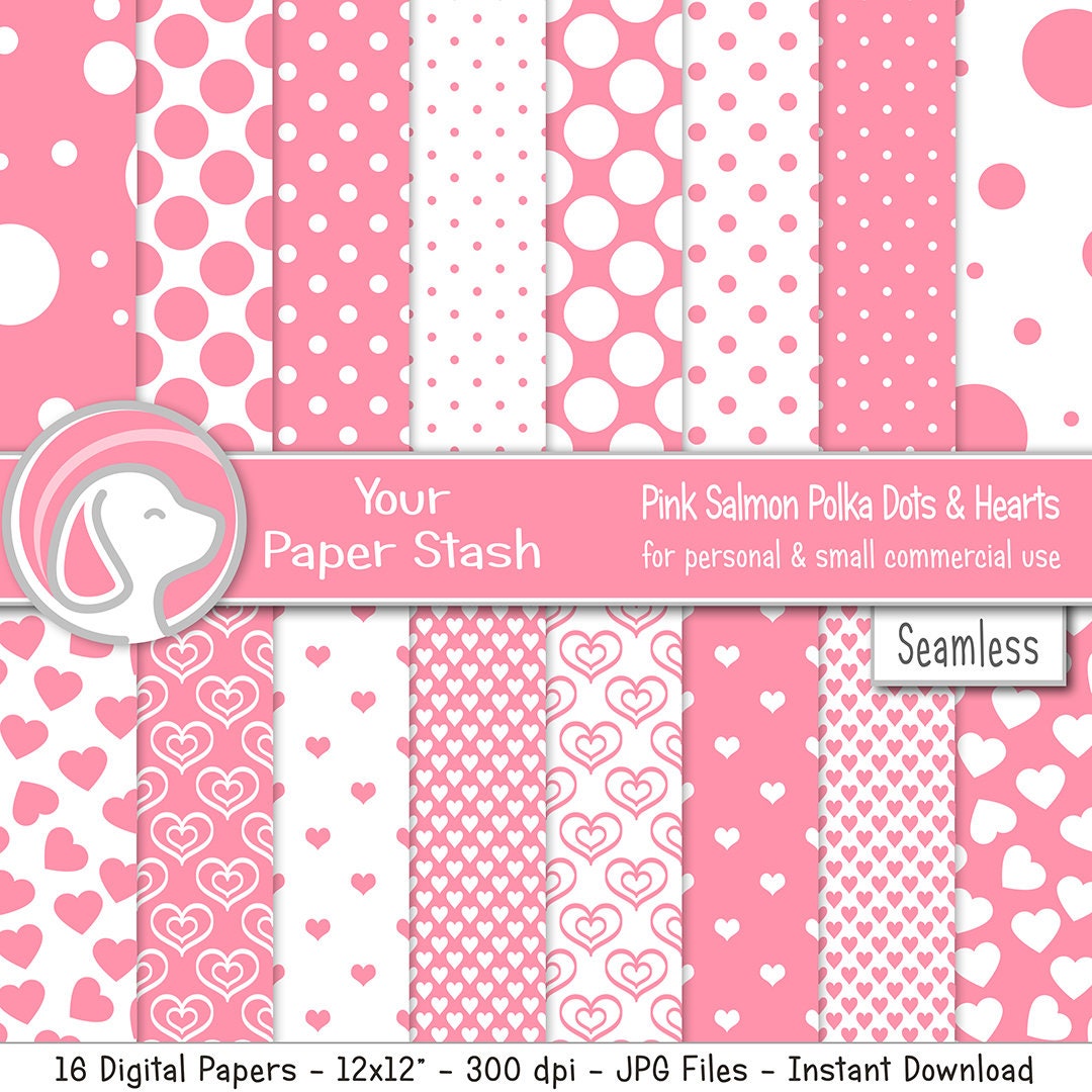 Pink Polka Dot Digital Paper, Heart Scrapbook Paper, Seamless Valentine ...