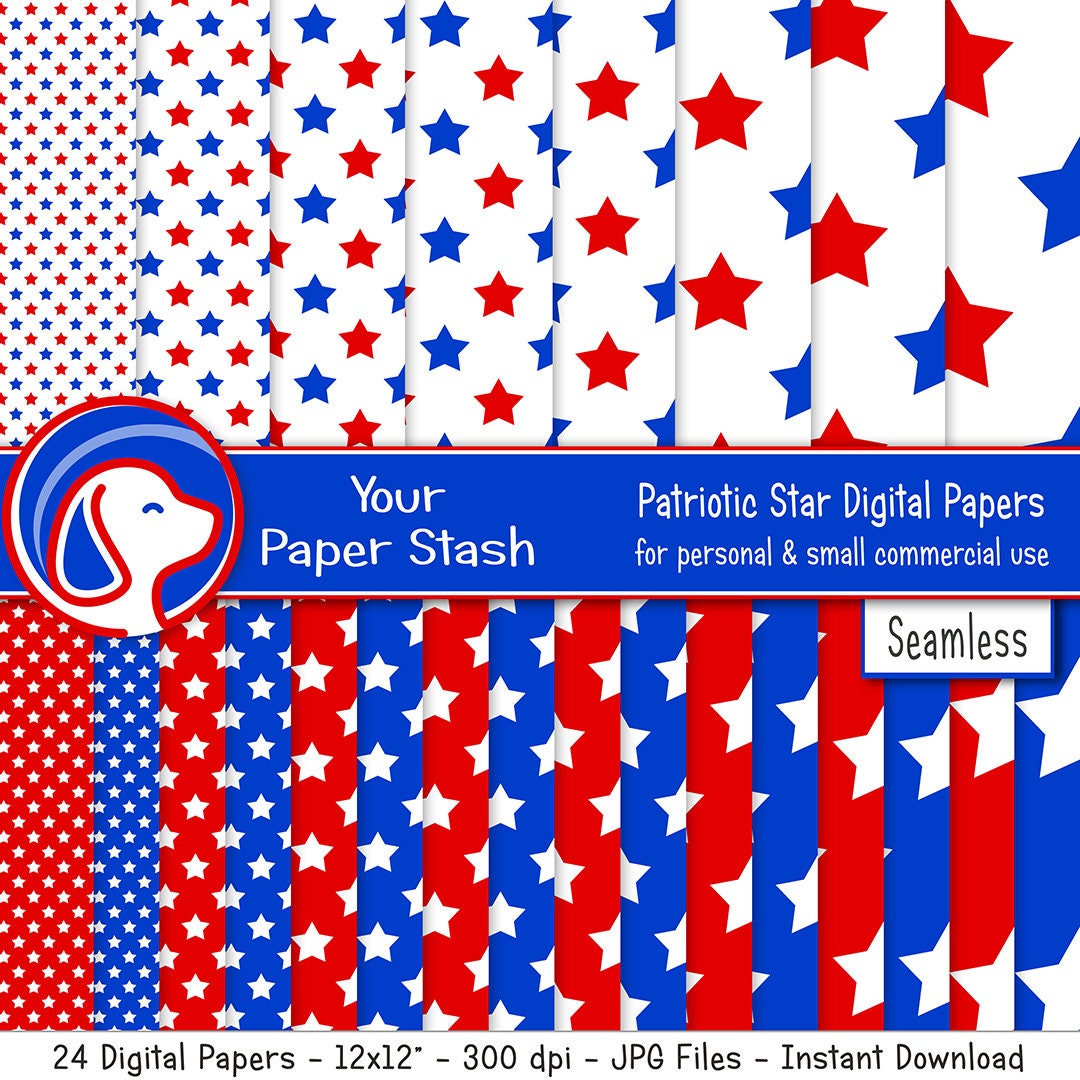 Patriotic Red White Blue Star Digital Scrapbook Papers, 4th of July ...