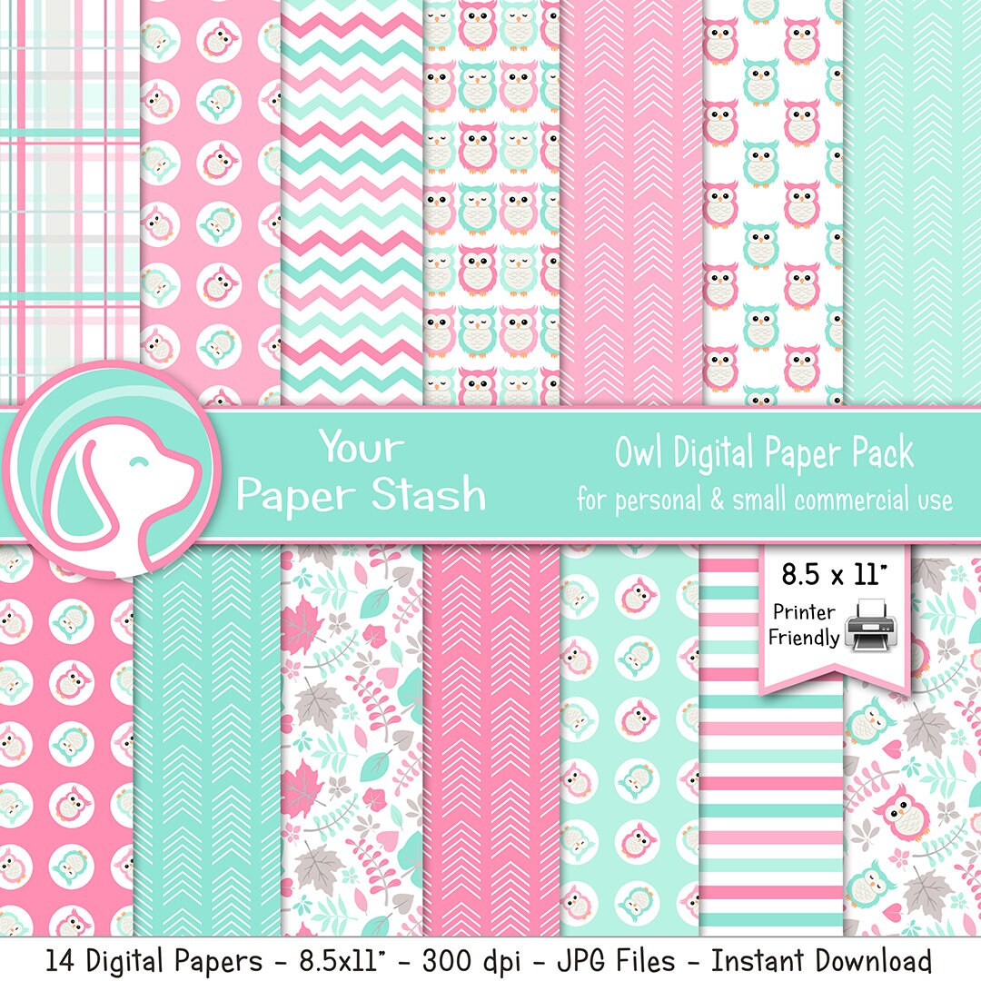 Pink and Teal Owl Digital Paper Pack – 8.5x11 Printable Scrapbook Paper ...