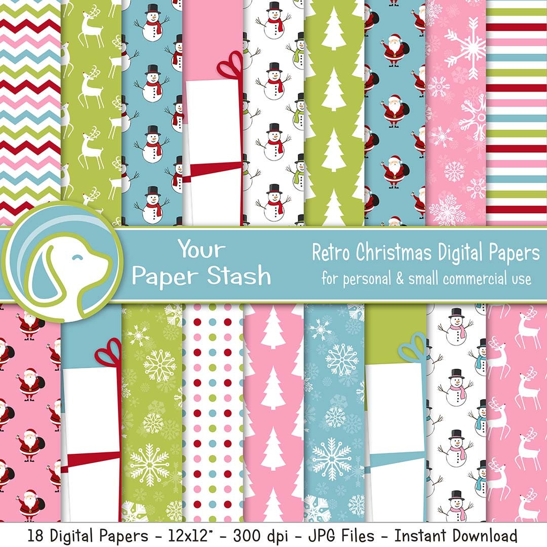 Retro Christmas Digital Scrapbook Paper, Christmas Tree Snowman Santa ...
