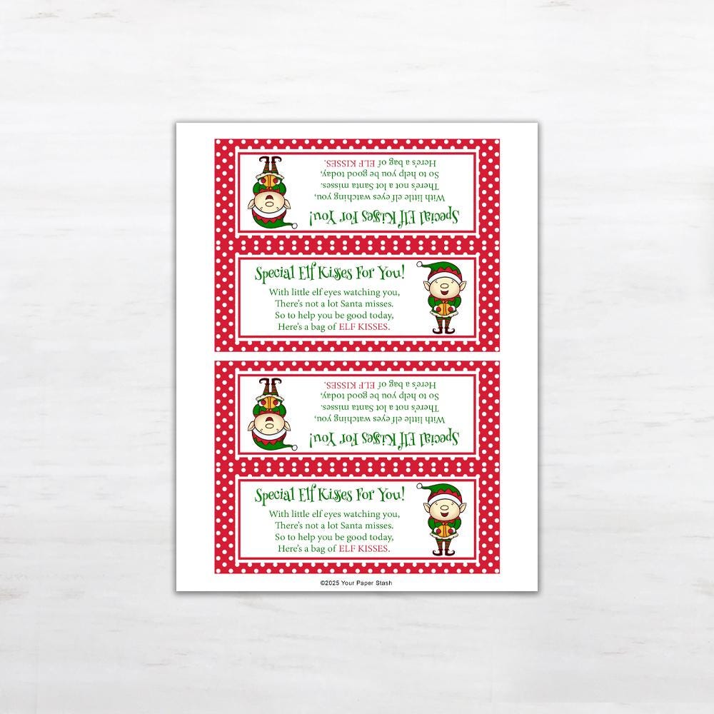 Elf Kisses Treat Bag Toppers, Christmas Elves Candy Bag Topper, Holiday ...