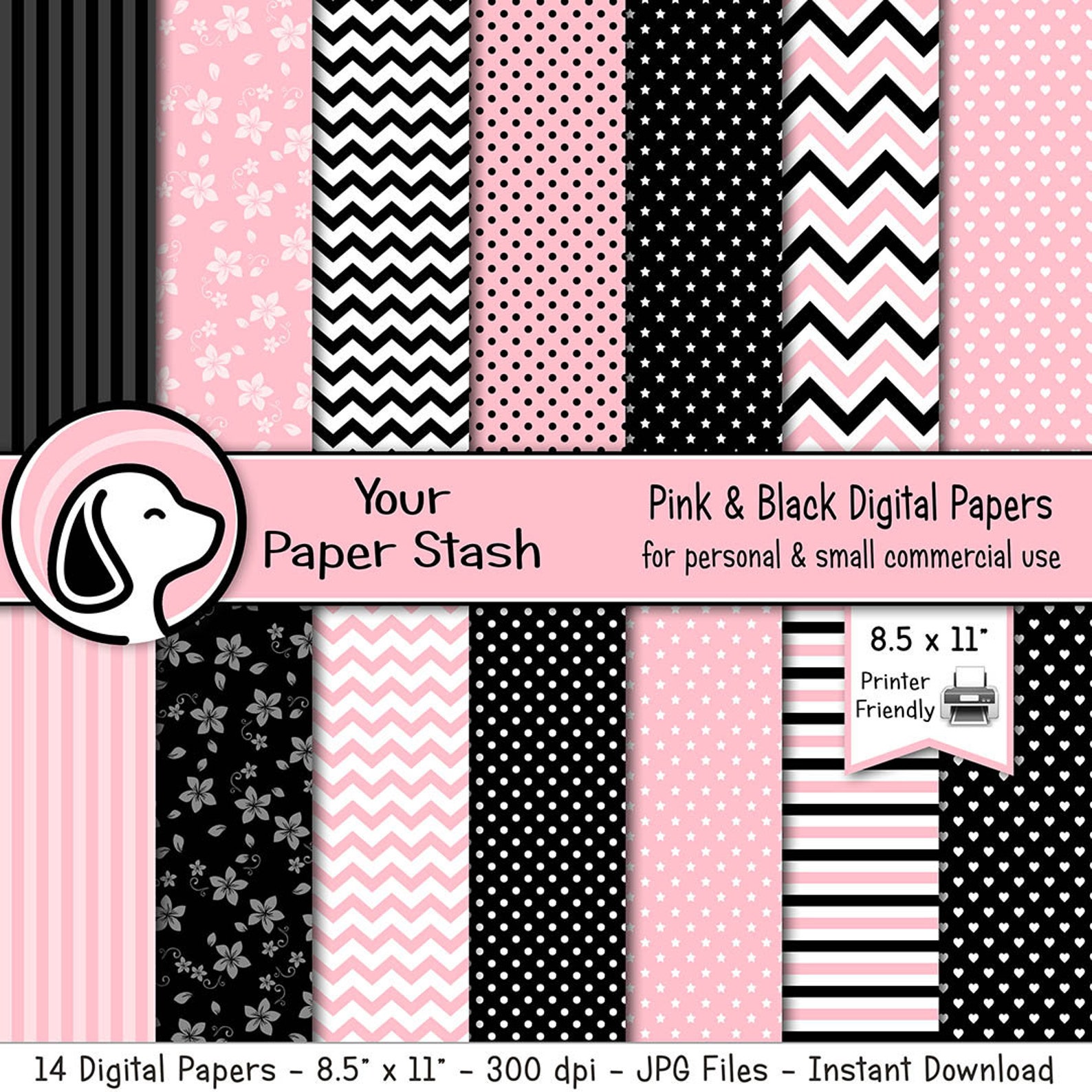 Pink & Black Digital Paper Pack for Valentine's Day | Etsy