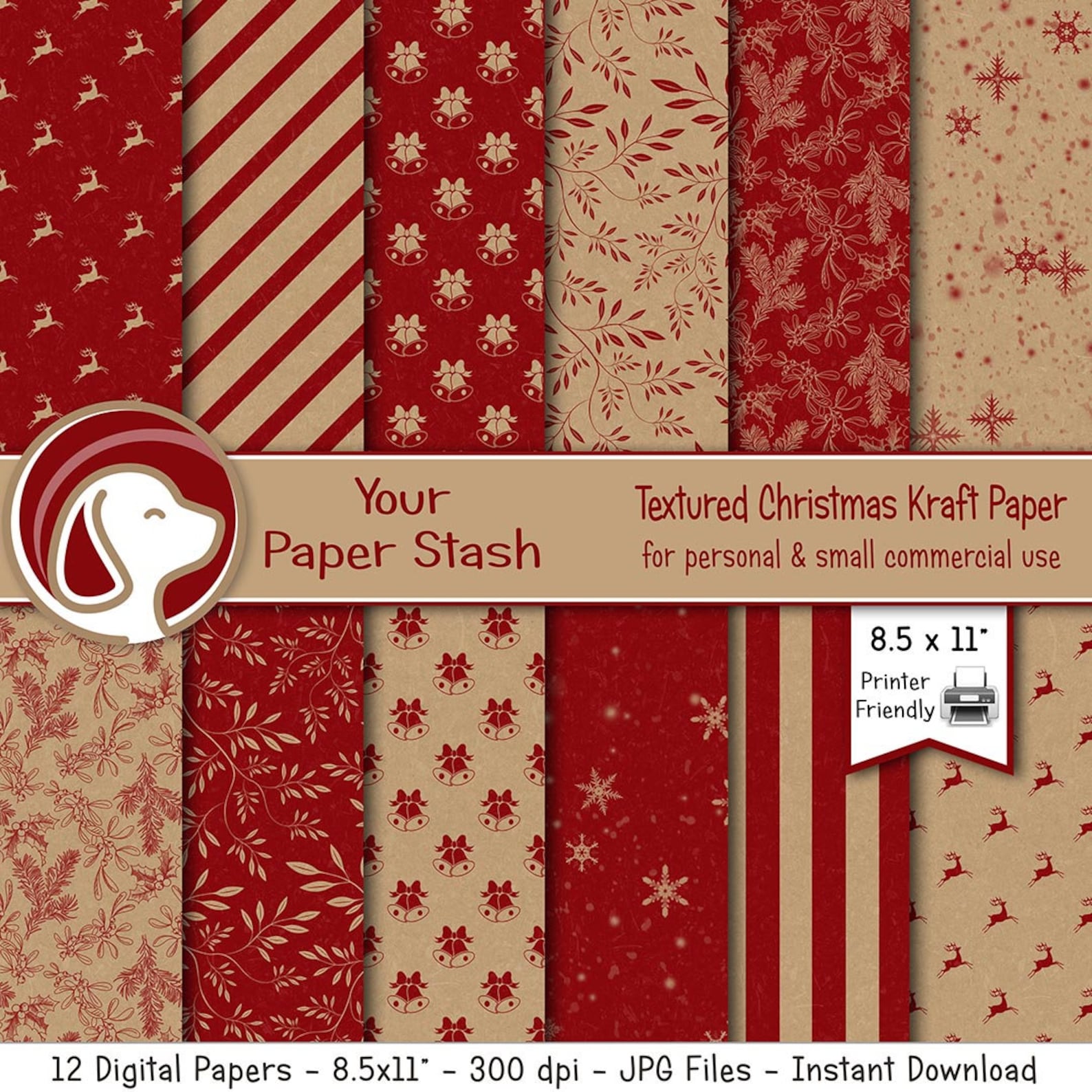 Printable Red Christmas Kraft Digital Scrapbook Paper Backgrounds ...