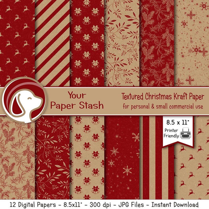 Red Kraft Christmas Digital Scrapbook Paper 12x12, Rustic Woodsy ...