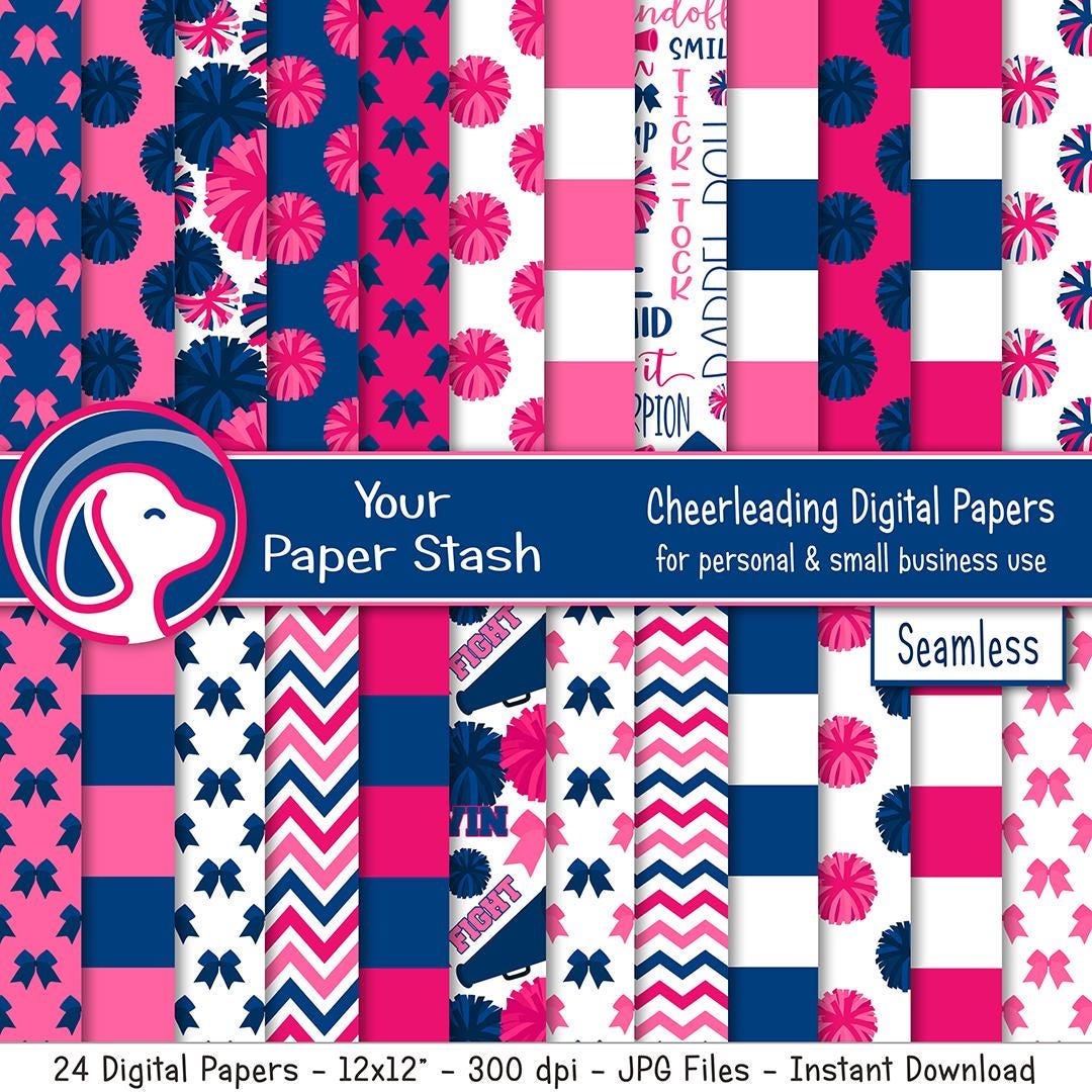 Hot Pink Navy Blue Cheerleader Seamless Digital Papers, Pompom Hair Bow ...
