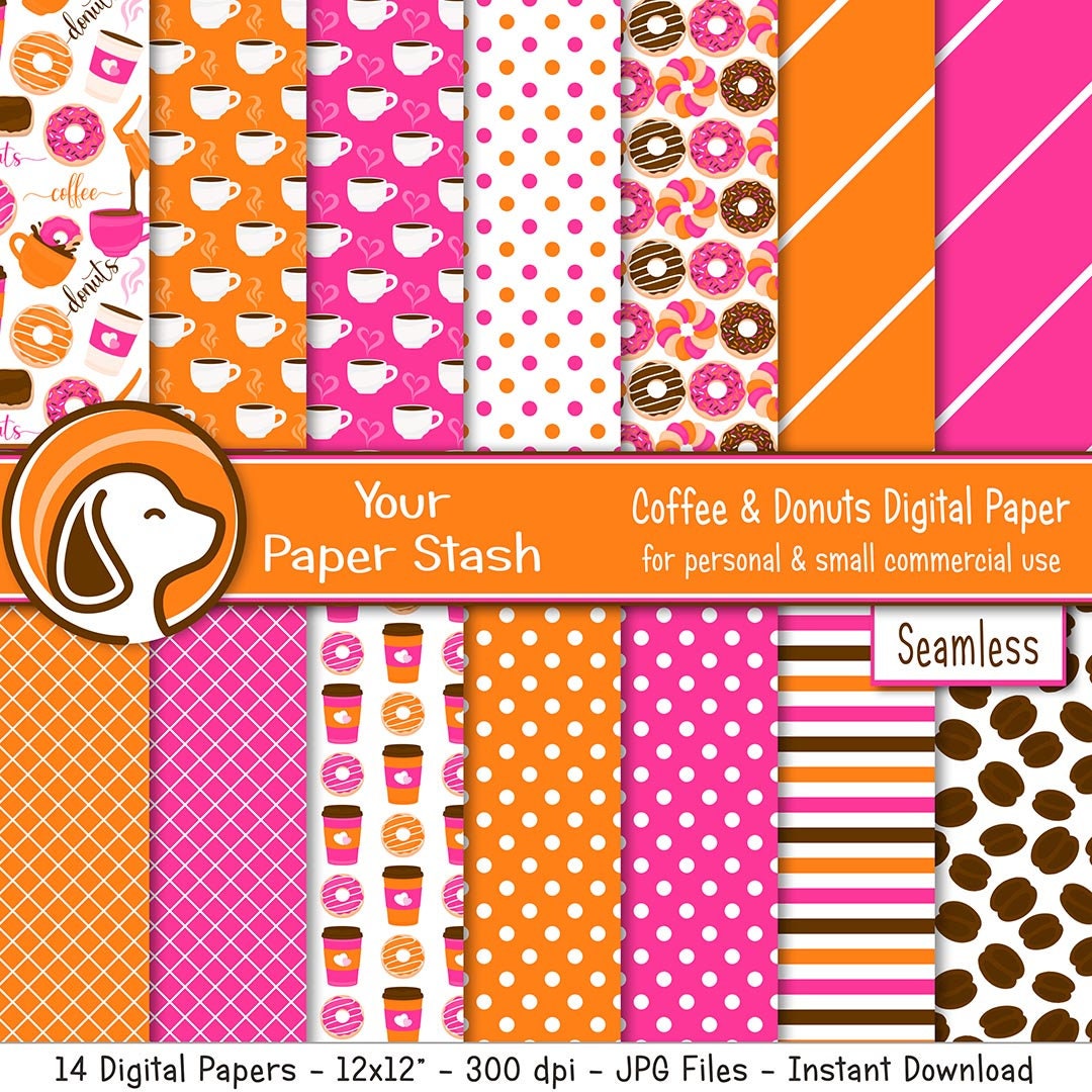 Coffee and Donut Digital Scrapbook Paper, Pink Orange Coffee Donut Shop ...