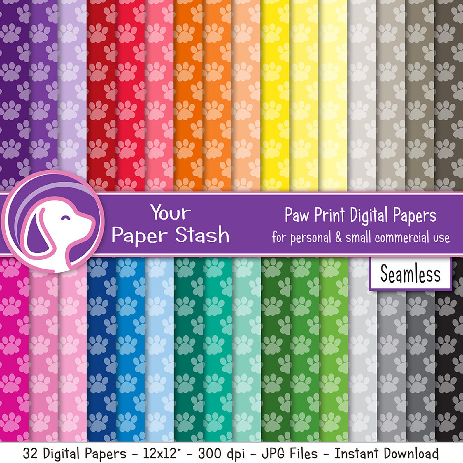 Seamless Paw Print Digital Paper Backgrounds, Rainbow Dog Paw Scrapbook ...