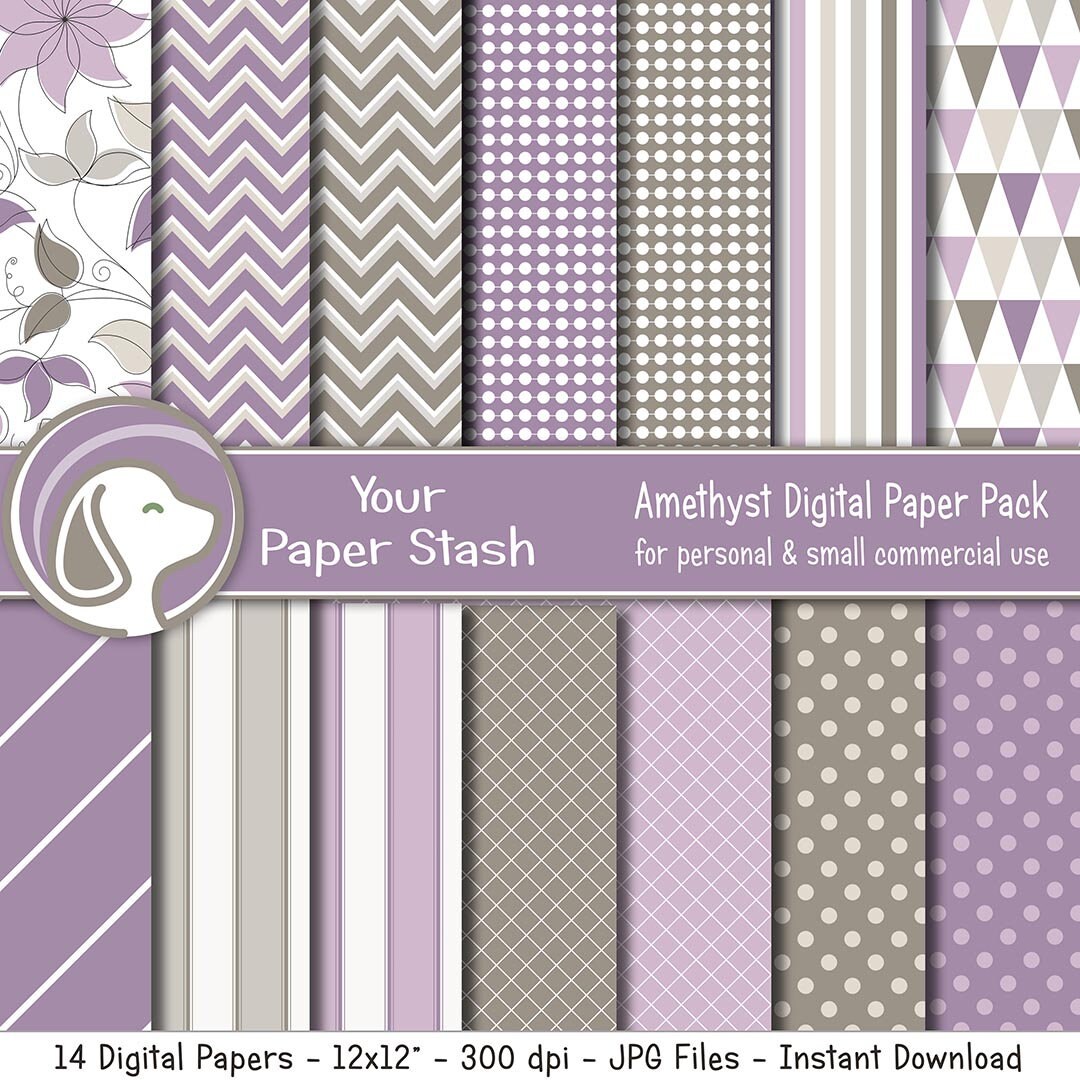 Lavender Floral Digital Paper Pack With Chevrons & Geometric Patterns ...