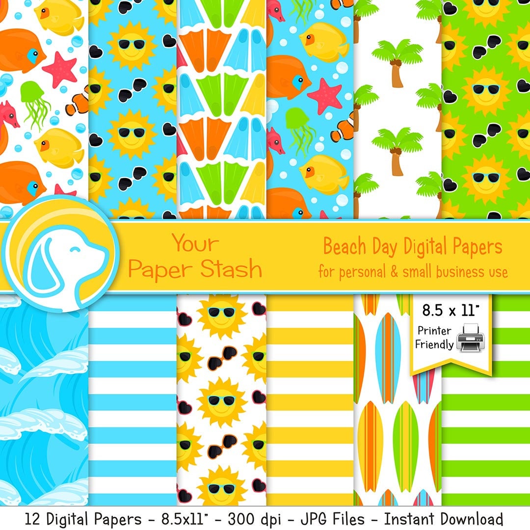 Printable Summer Digital Paper Pack, Fish Digital Scrapbook Background ...