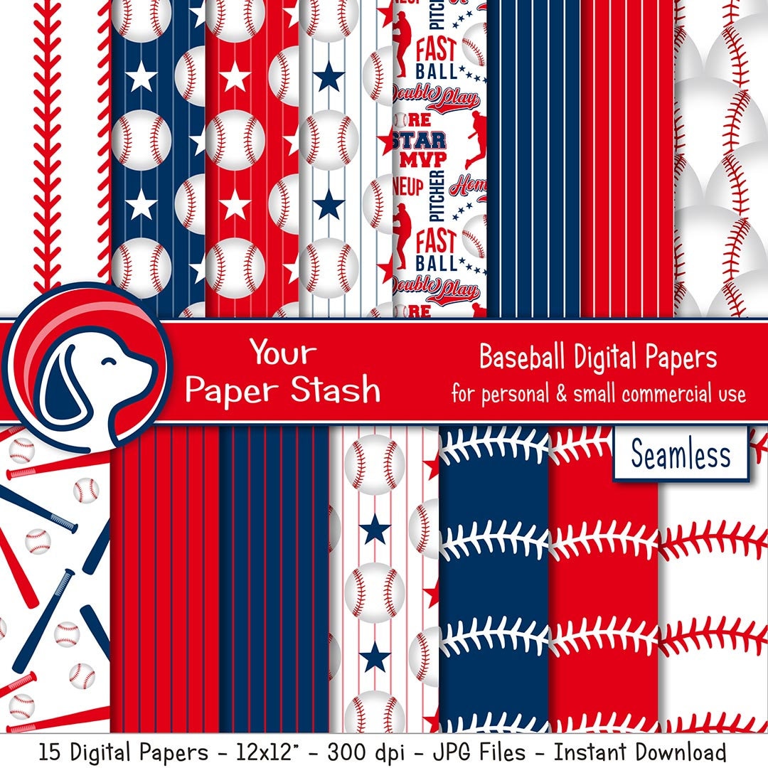 Seamless Baseball Digital Scrapbook Paper, Red Navy Blue Baseball ...