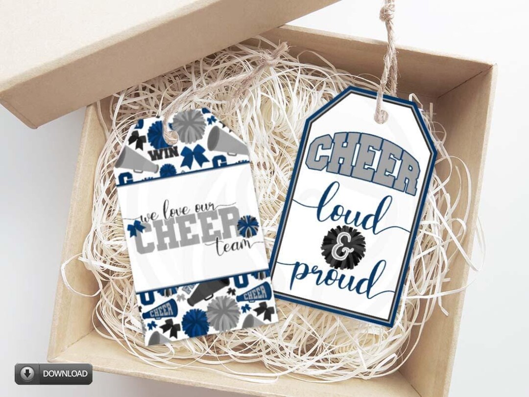 Printable Cheer Team Gift Tags, Navy Blue Silver Cheerleading Gift Tags ...