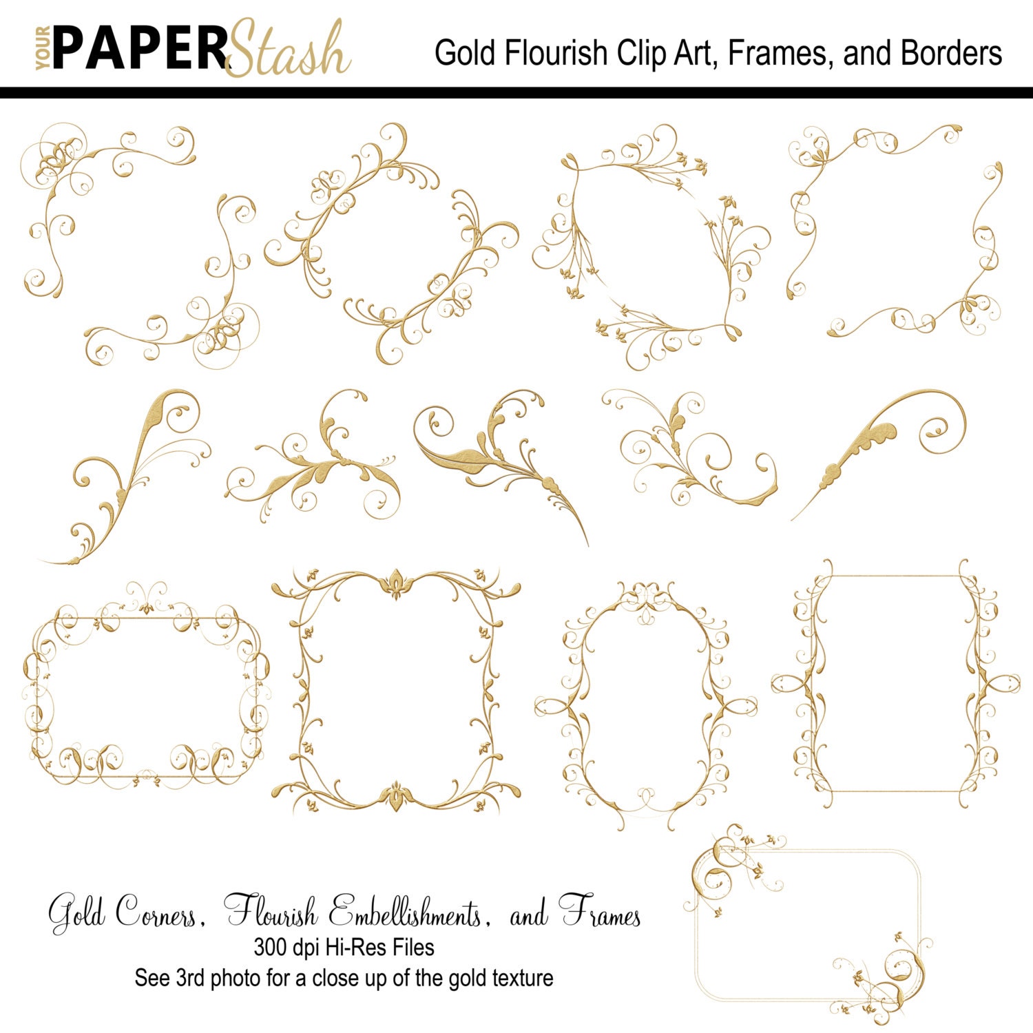 Gold Clipart, Flourish Filigree, Metallic Clipart, Digital Frames, Gold ...