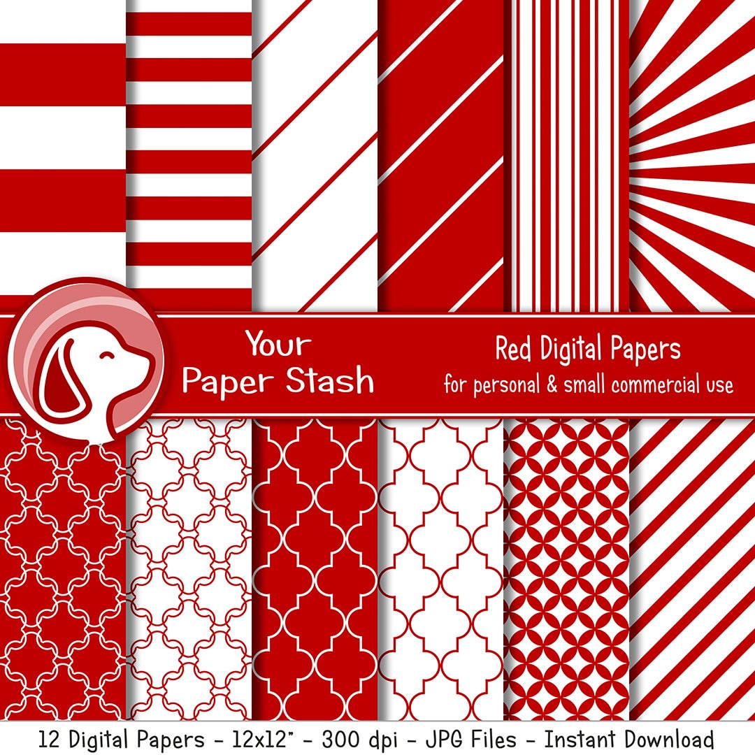 Red Stripe Digital Scrapbook Paper, 12x12 Red White Christmas Digital ...