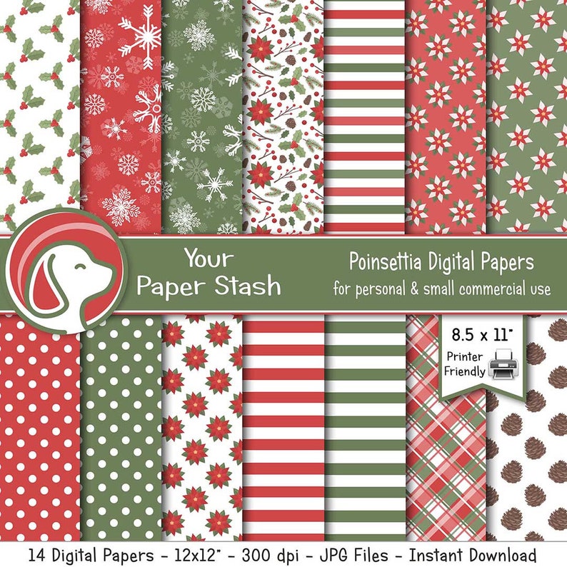 Christmas Digital Paper 85x11, Poinsettia Pine Cone Holiday Scrapbook ...