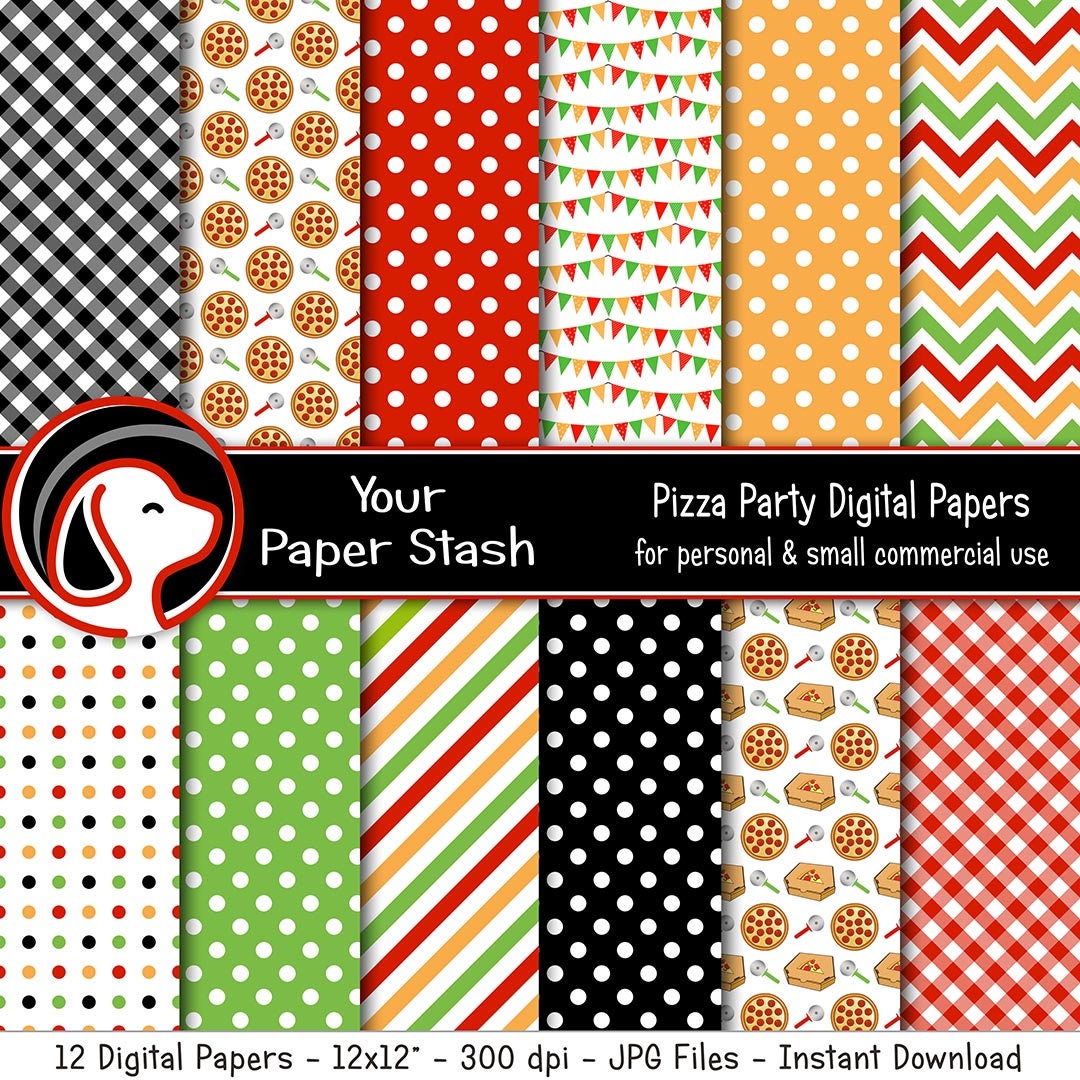 Pizza Party Digital Paper Pack With Pizzas Banners Gingham Chevrons and ...
