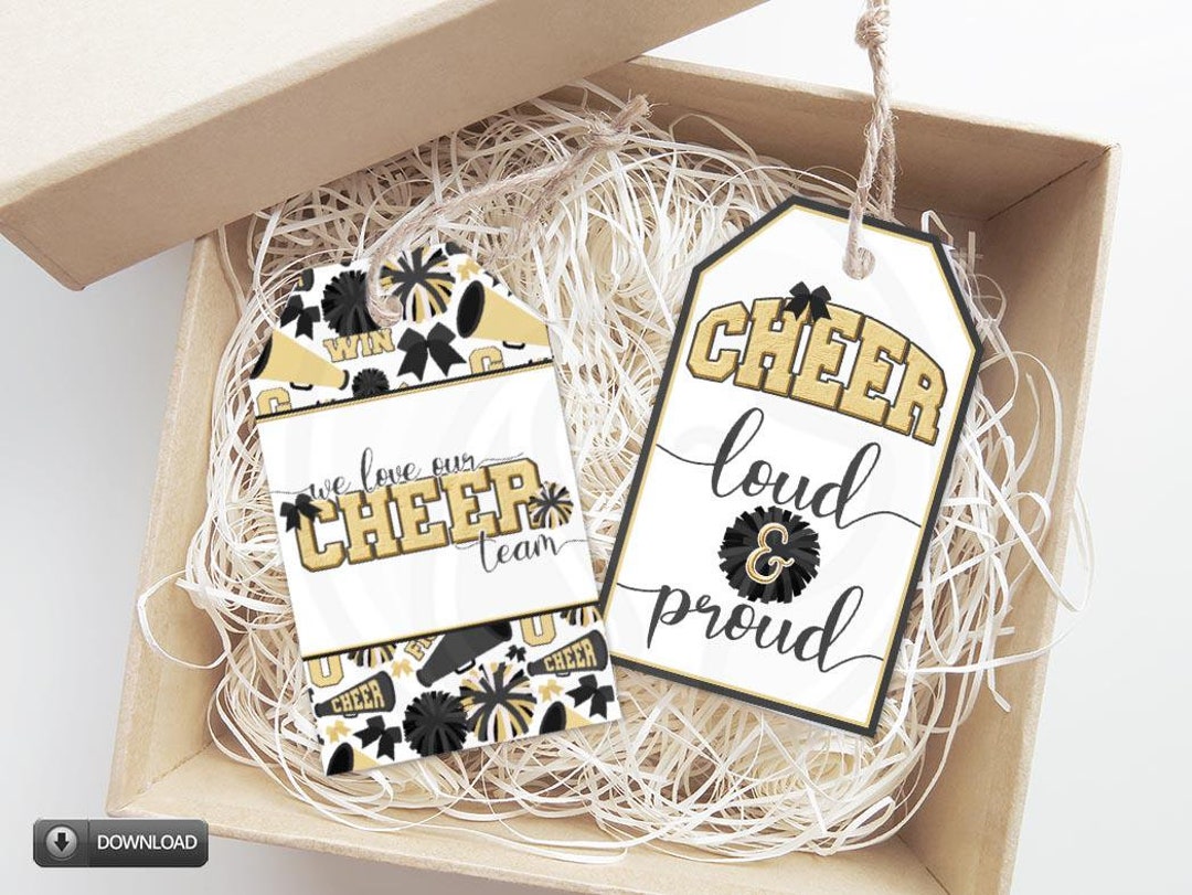 Black and Gold Cheer Team Printable Gift Tags, Cheerleading Cheer Loud ...