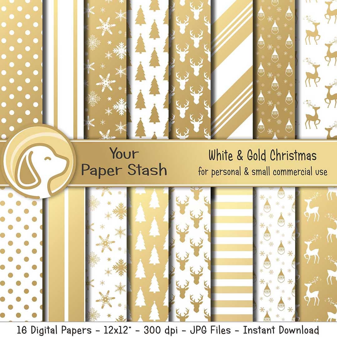 White & Gold Christmas Digital Paper, Elegant Christmas and Holiday ...