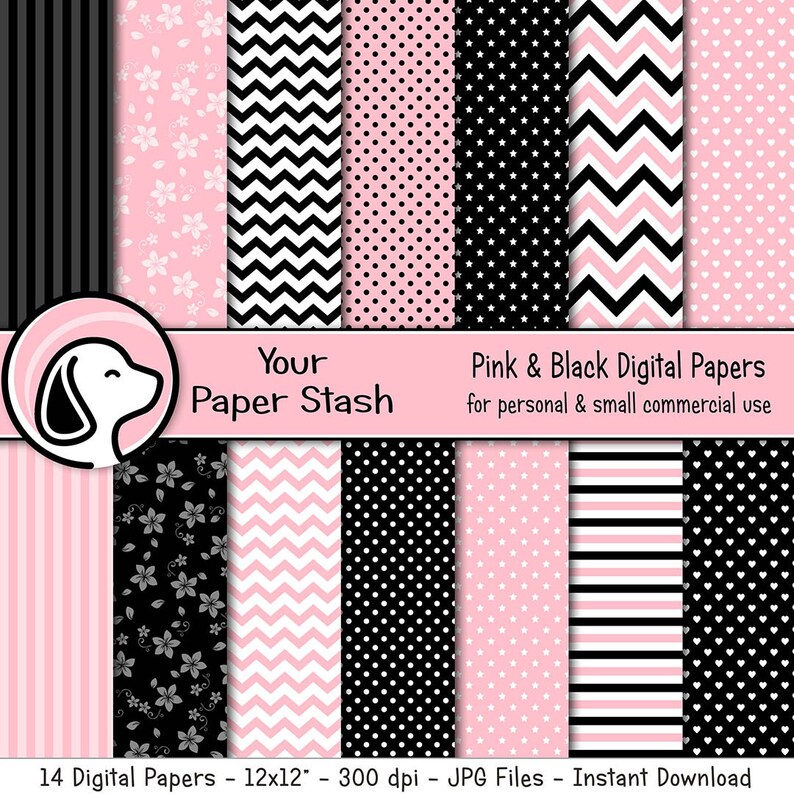 Pink & Black Valentine's Day Digital Papers, Pink Decorative Papers for ...