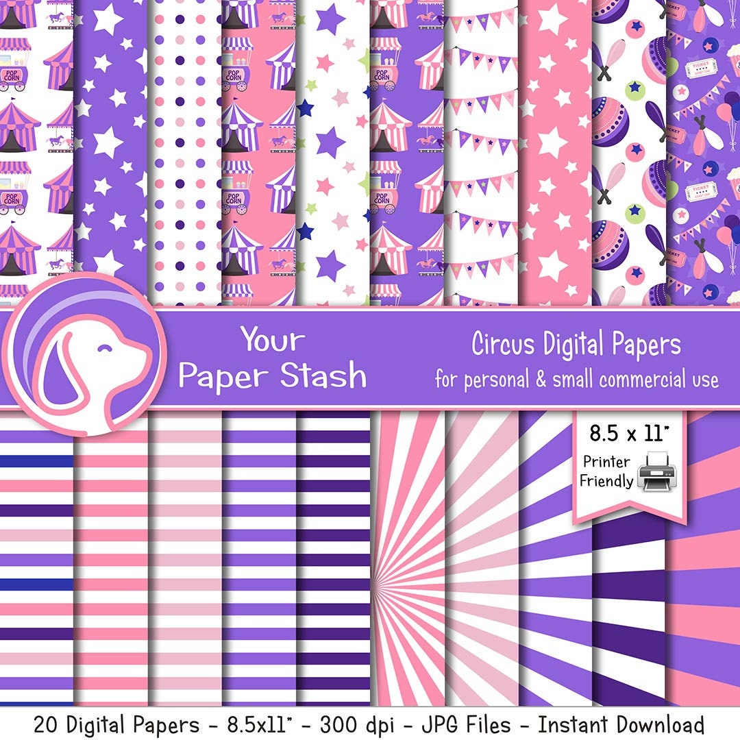 Printable Circus Carnival Digital Paper Pack, Lavender Pink Girl ...