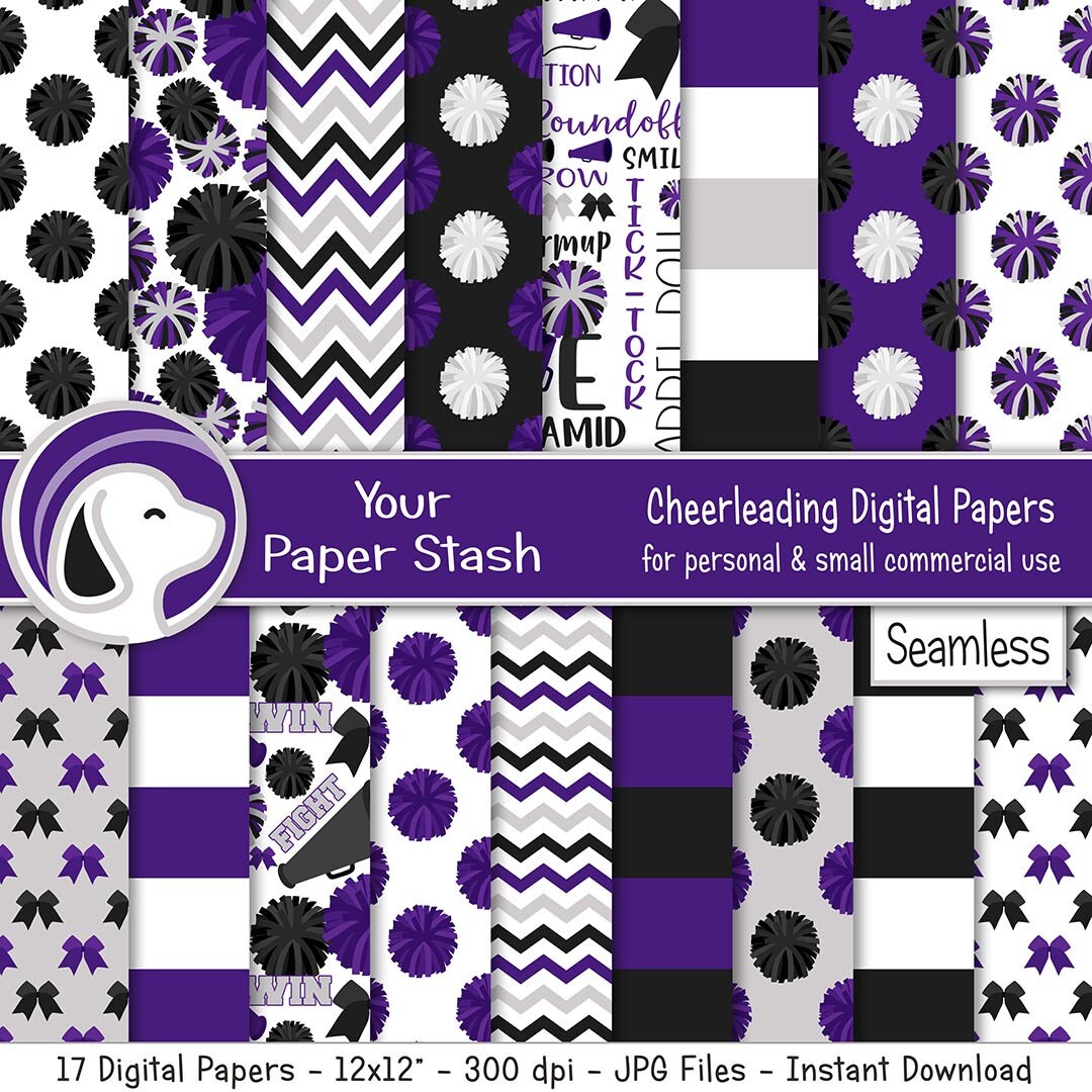 Seamless Cheerleader Digital Scrapbook Papers, Purple Black Gray ...