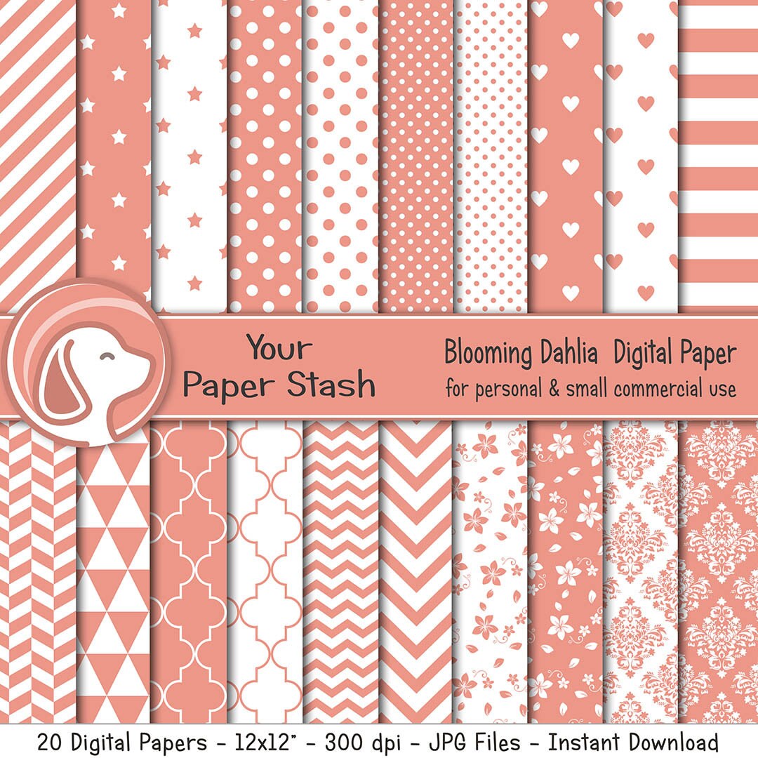 Peach Coral Digital Scrapbook Paper Pack With Floral Polka Dot Stripe ...