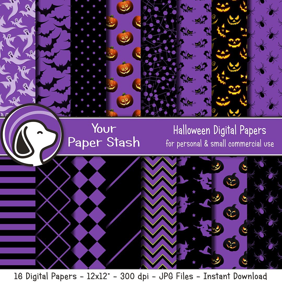 Purple Halloween Digital Papers With Spooky Witch Bats & Ghost Patterns ...