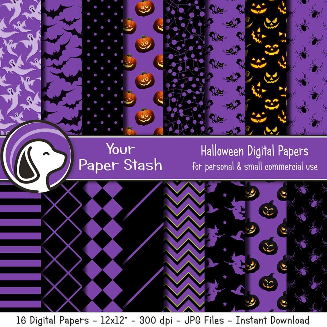 Purple Halloween Digital Paper Pack, Ghost Bat Pumpkin Spider Scrapbook ...