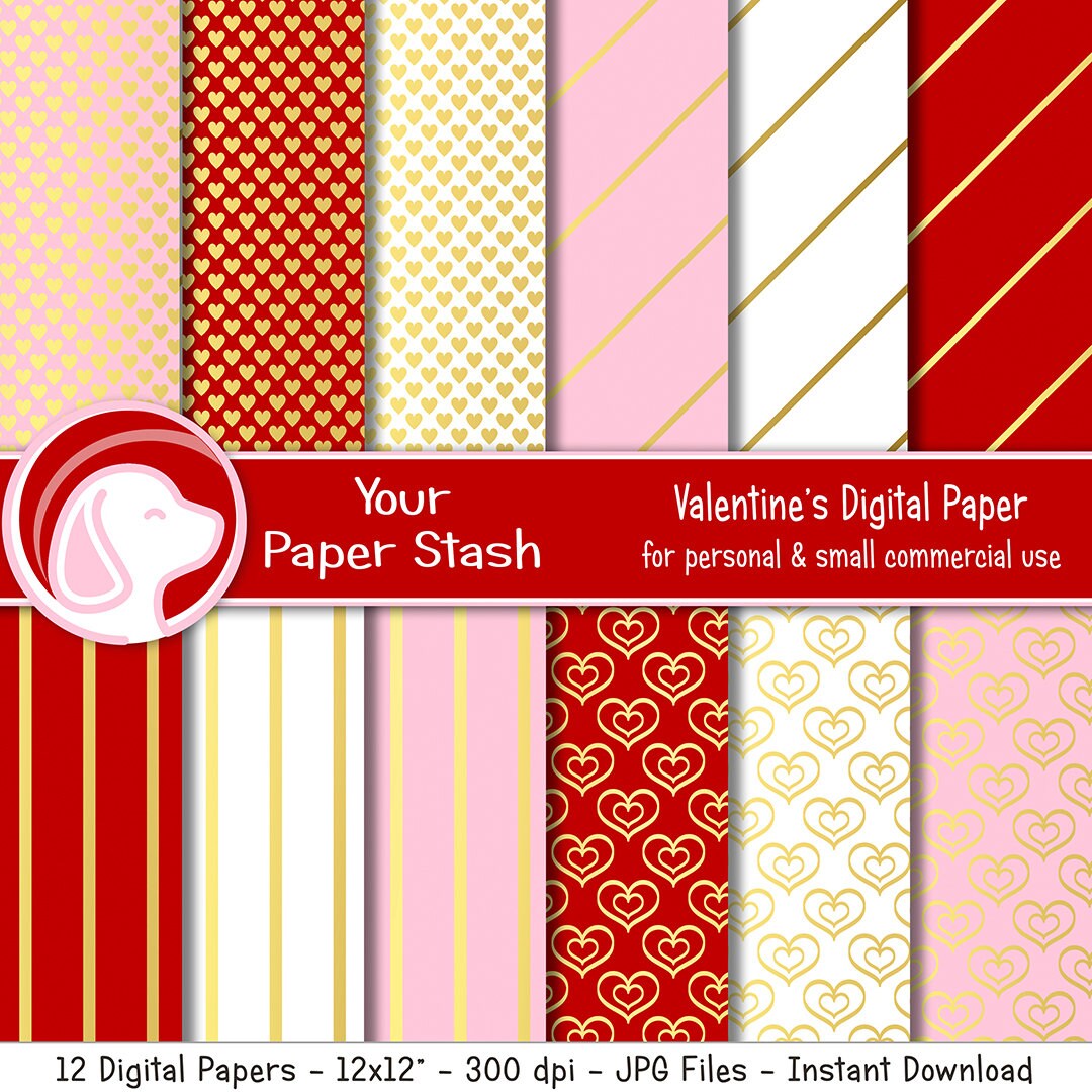 Wedding Digital Paper, Valentine's Day Heart Backgrounds, Red Pink ...
