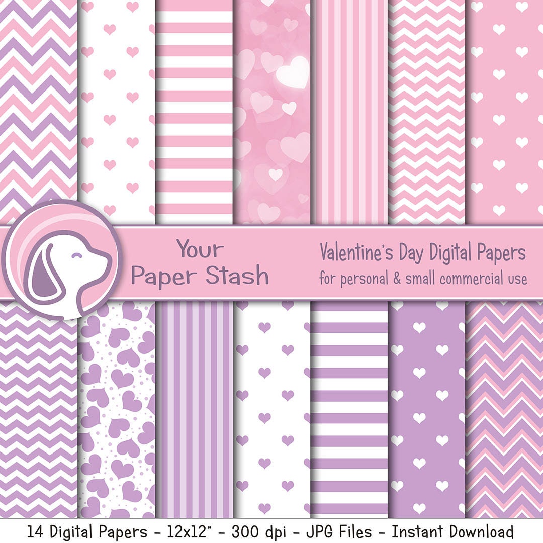Romantic Heart Valentine's Day Digital Paper Pack, Pink and Lavender ...