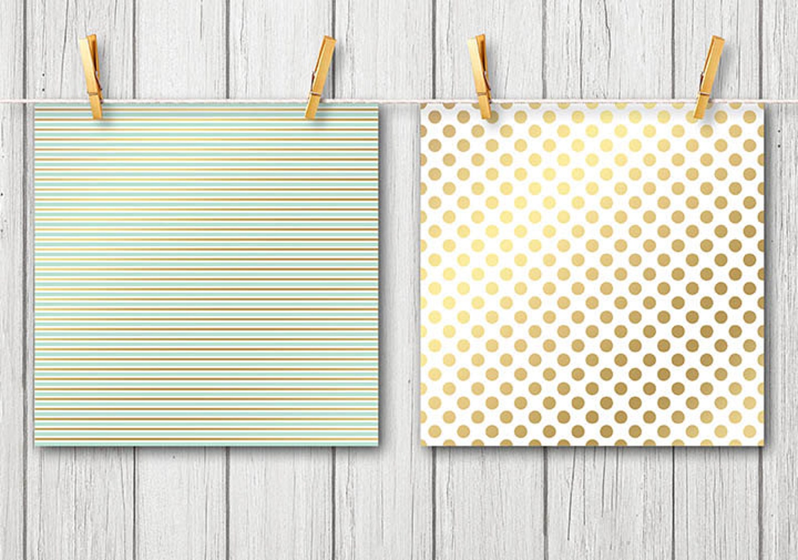 Mint Green & Gold Digital Paper With Chevrons Stripes Polka Dots and ...
