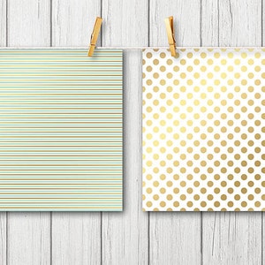 Mint Green & Gold Digital Paper With Chevrons Stripes Polka Dots and ...