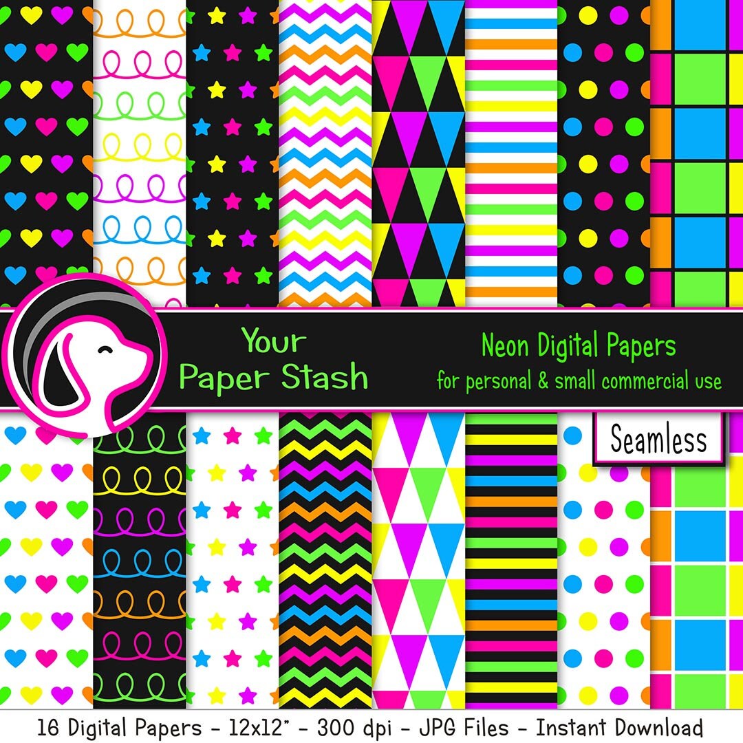 Neon Seamless Digital Scrapbook Papers, Neon Polka Dot Stripe Chevron ...