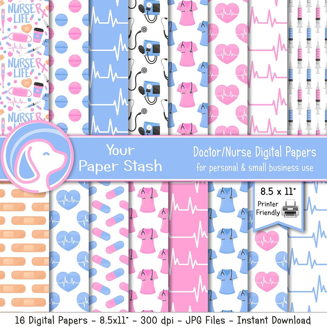 Printable Doctor Nurse Digital Papers, Nurse Life Heartbeat EKG Medical ...