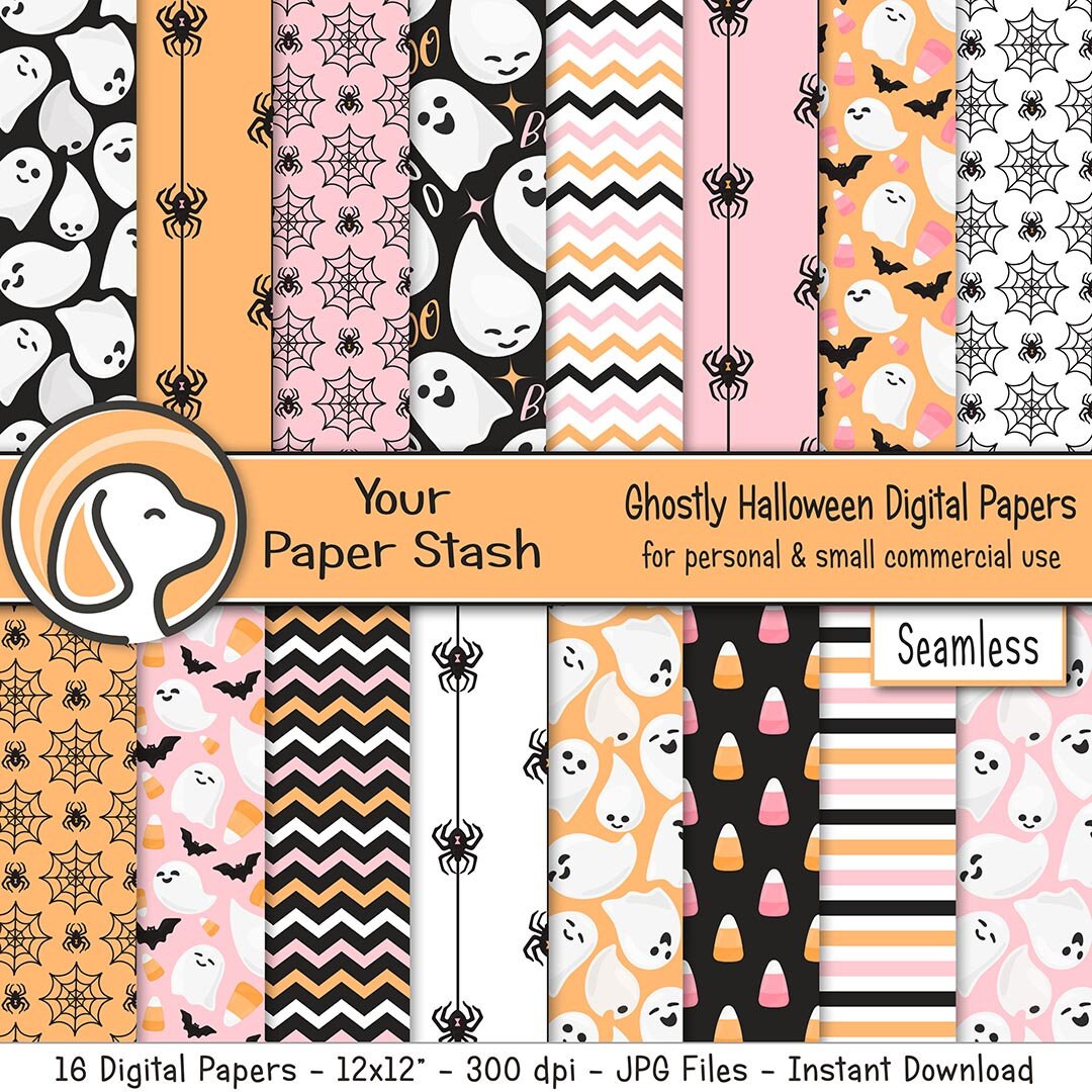Halloween Ghost Digital Scrapbook Paper Pack, Spider Web Ghost Candy ...
