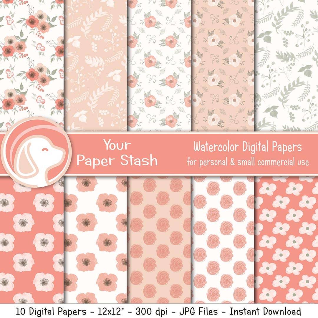 Peach Coral Watercolor Digital Paper Pack, Pastel Watercolor ...