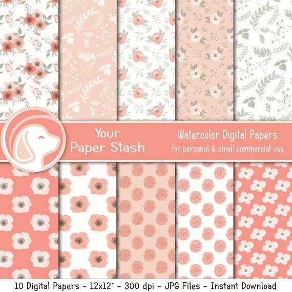 Peach Coral Watercolor Digital Paper Pack Pastel Watercolor | Etsy