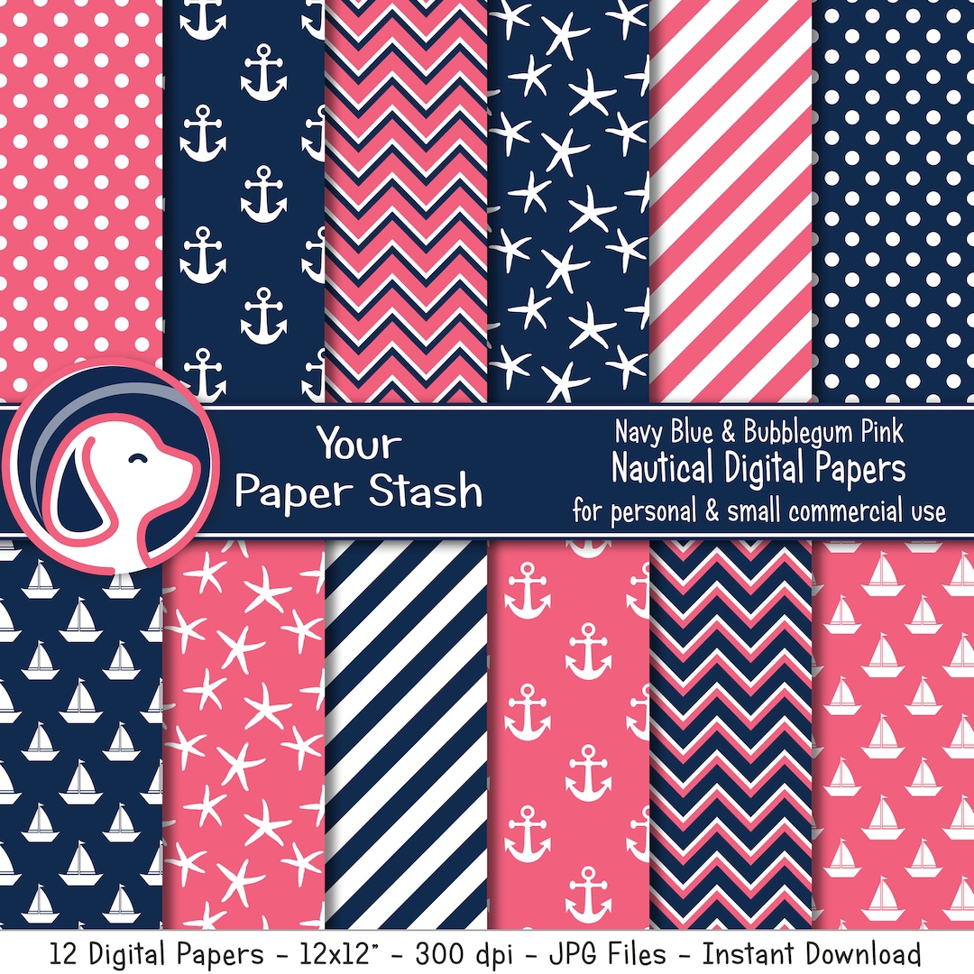 Navy Pink Nautical Digital Paper Pack 12x12, Anchor Sailboat Starfish ...