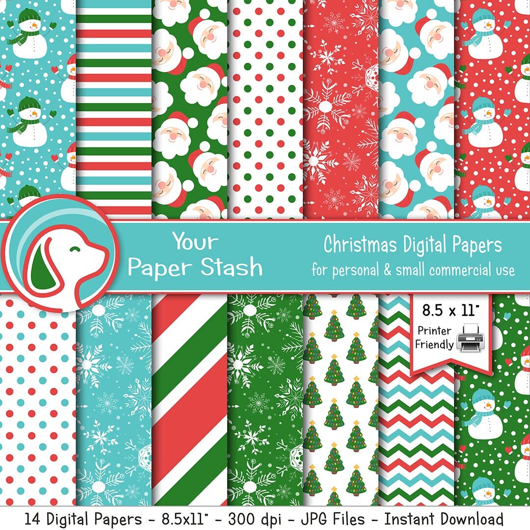 Printable Christmas Digital Paper Pack With Santa Snowmen Snowflake ...
