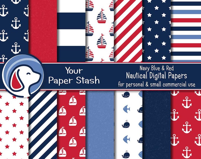 Nautical Digital Paper Pack, Red White Blue Nautical Scrapbook Papers ...