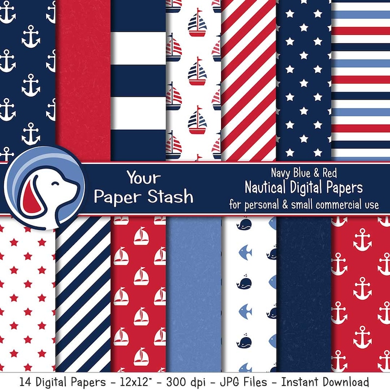 Nautical Digital Paper Pack, Red White Blue Nautical Scrapbook Papers ...