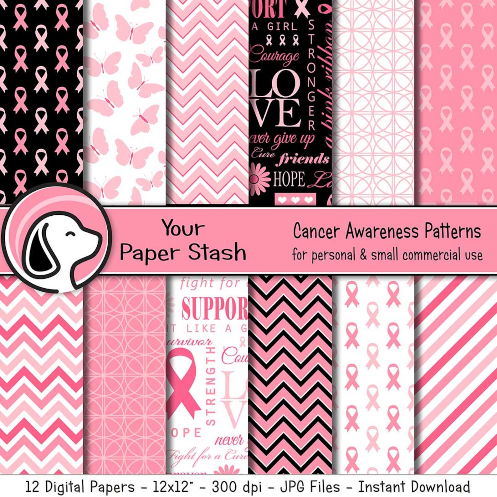 Pink Breast Cancer Awareness Digital Papers Backgrounds Hope | Etsy