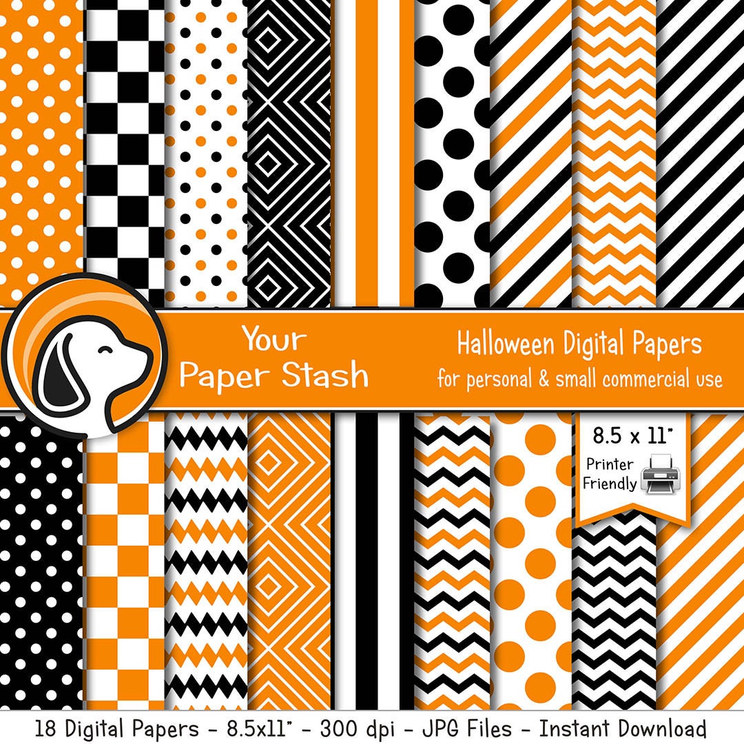 Halloween Digital Paper Pack 85x11, Spooky Orange Black Chevron Stripe ...