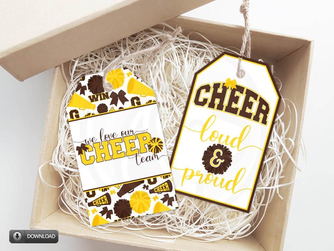 Brown Yellow Cheer Team Printable Gift Tags, Cheer Competition Treat ...