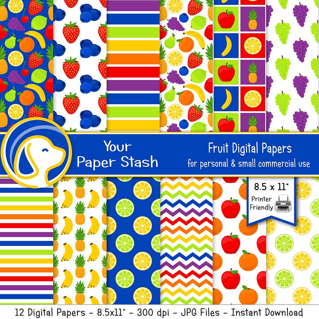 Printable Summer Fruit Digital Paper Pack, Apple Grape Banana Pineapple ...