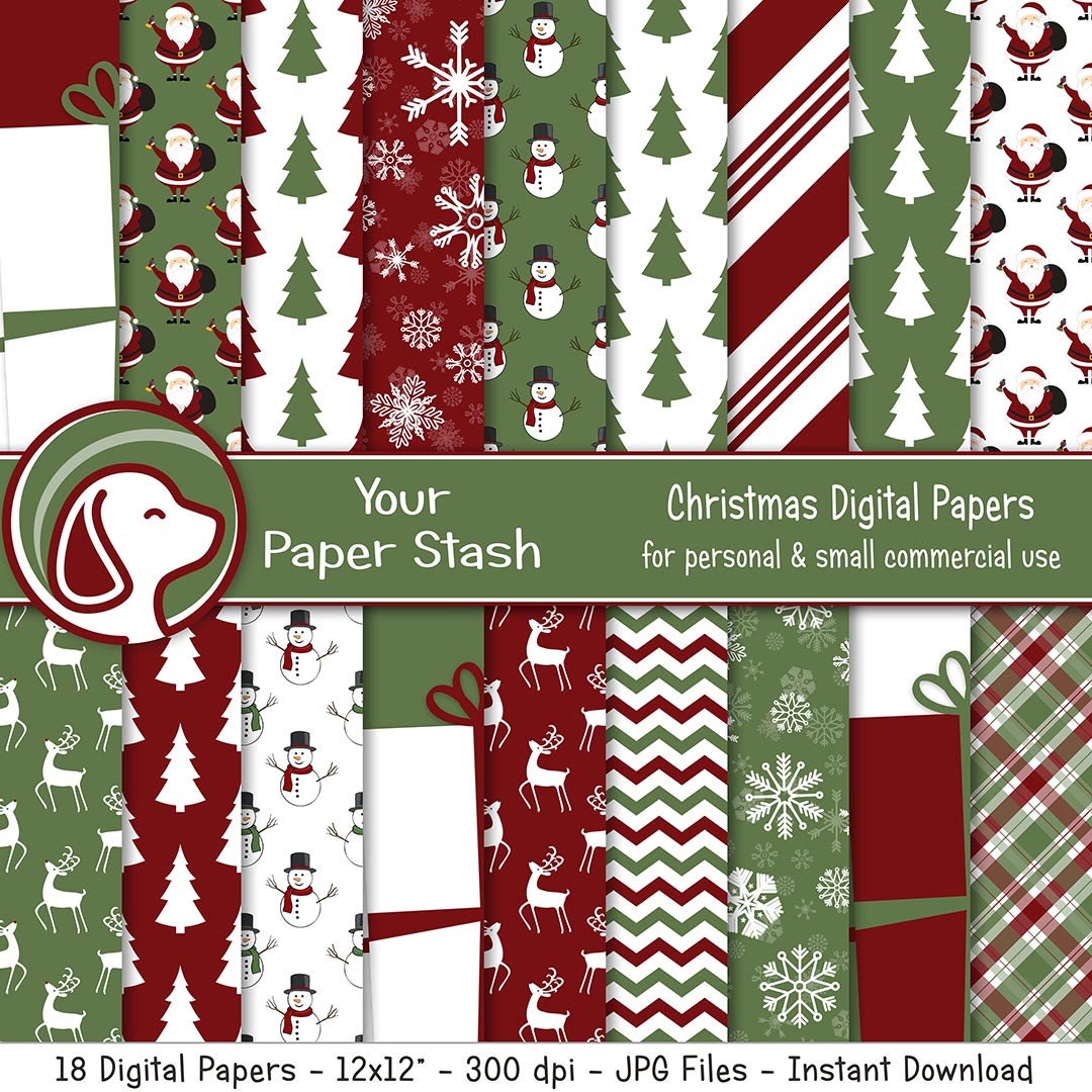 Christmas Digital Scrapbook Paper Backgrounds, Red Green Christmas Tree ...