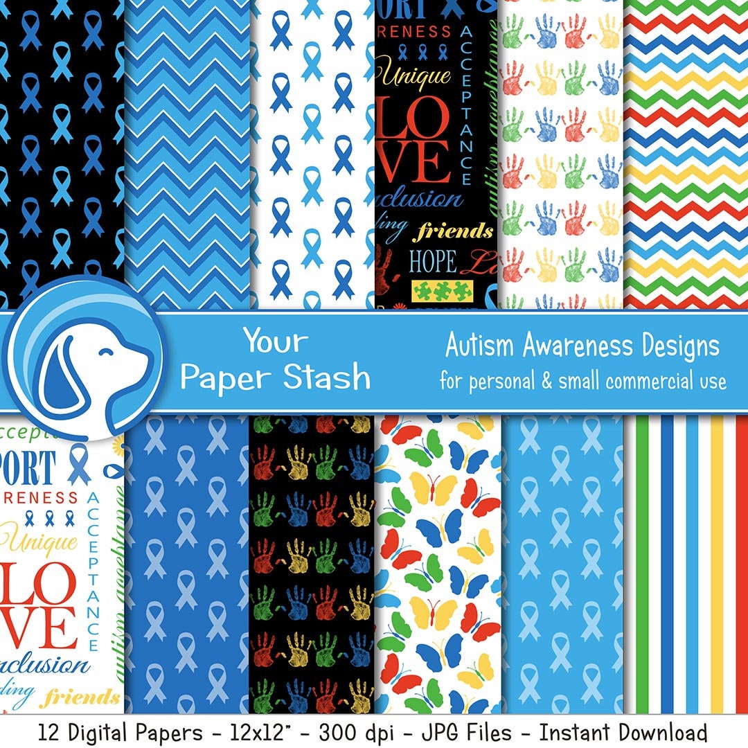 Autism Awareness Digital Paper Pack, Blue Hope Ribbon Backgrounds ...